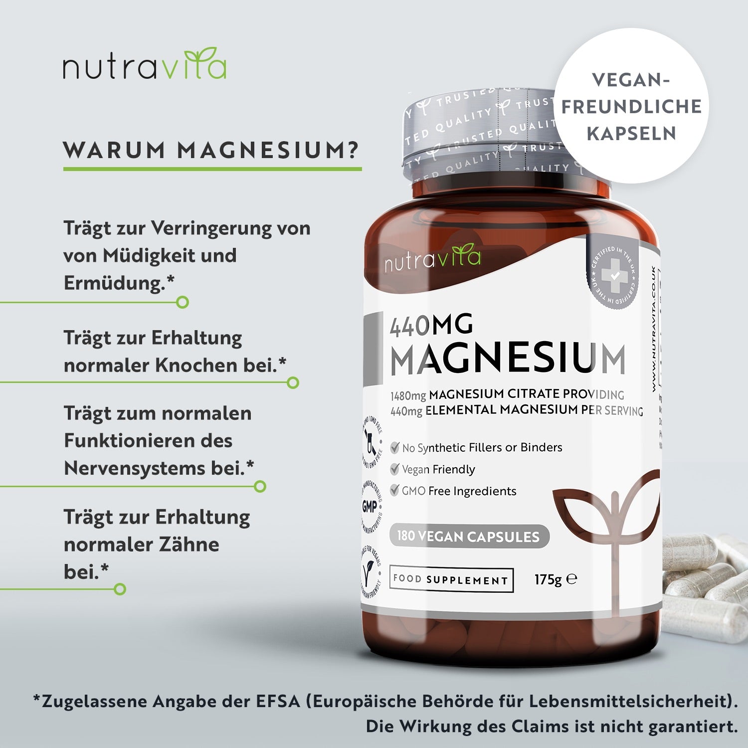Magnesiumcitrat 440mg 180 Kapseln — Nutravita Deutschland